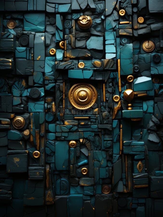 A Blue and Gold Wall with Many Different Objects on it Stock ...