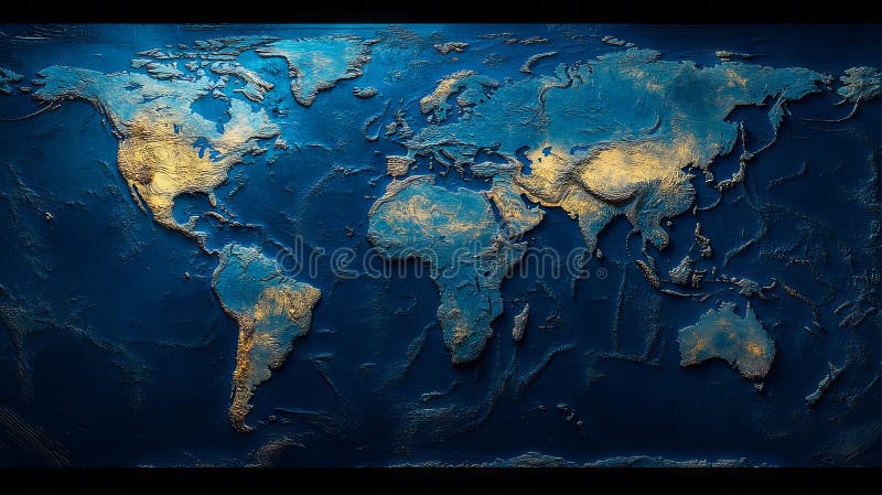 A Blue and Gold World Map on a Black Background Stock Photo - Image of ...