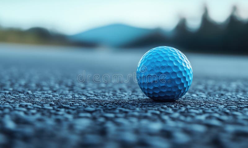 Blue Golf Ball on Asphalt Road with Blurred Background and Mountains ...