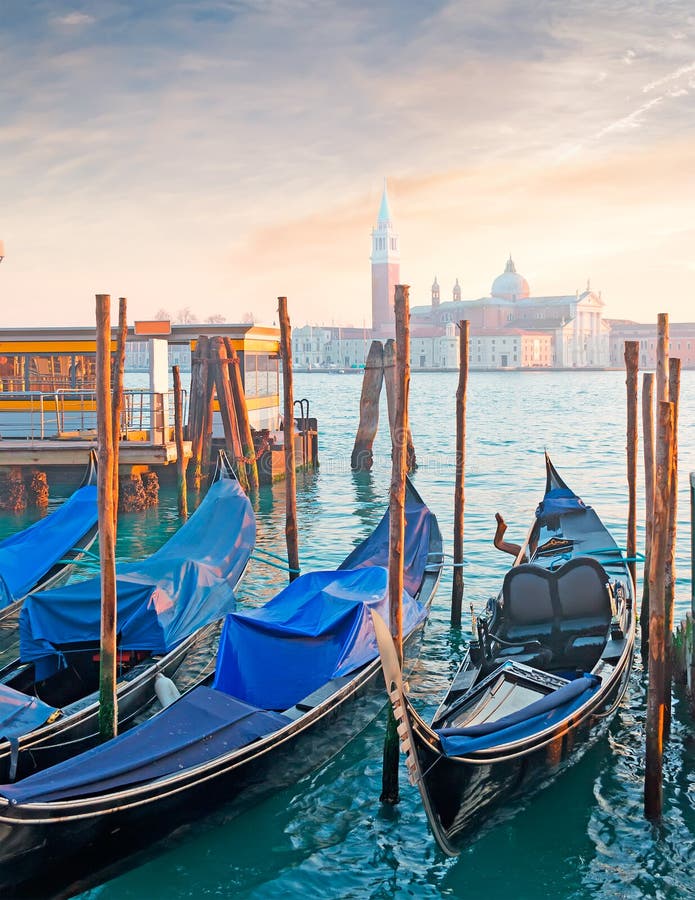 Blue Gondolas in Venice Shore Stock Photo - Image of coast, famous ...
