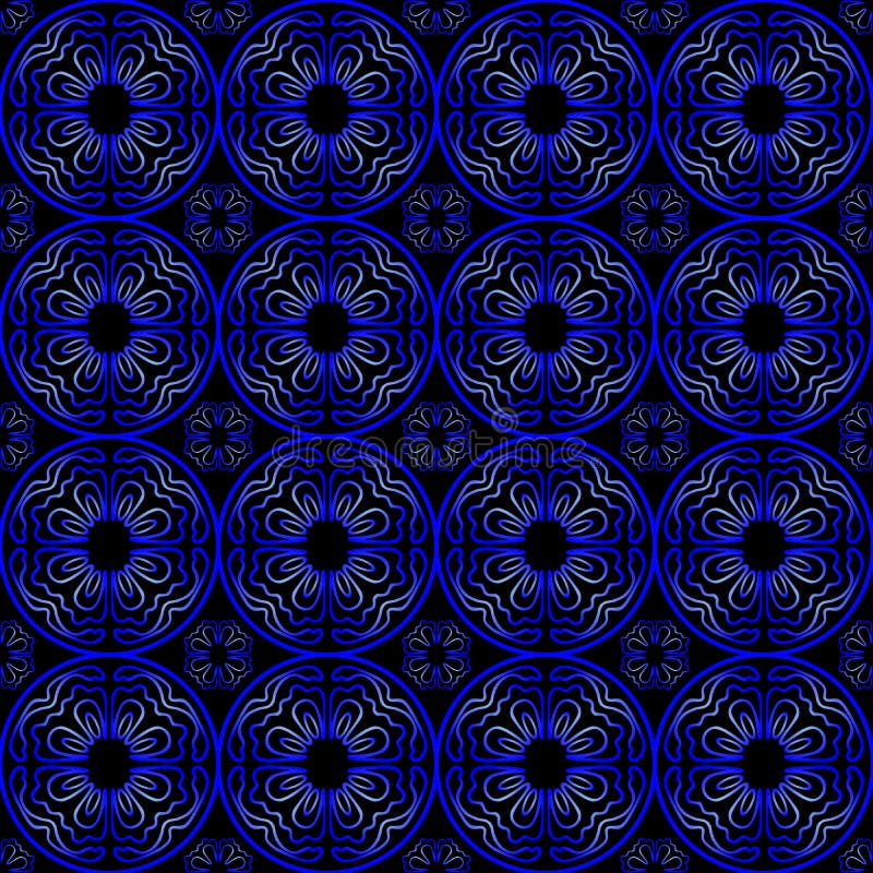 Blue Gradient on Black Hand Drawn Wavy Line Tile in a Circle Seamless ...