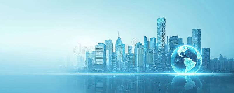 Blue Gradient City Skyline with Abstract Globe Reflection on Water in a ...