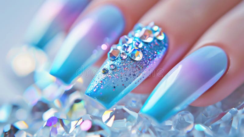Blue Gradient Nails with Accent Rhinestones. AI Generated Stock ...