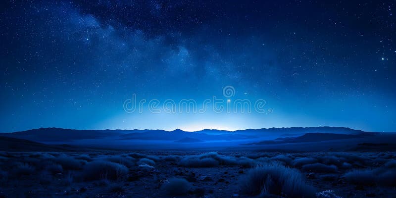 Blue Gradient Starry Night Sky Over Vast Desert Landscape. Concept ...