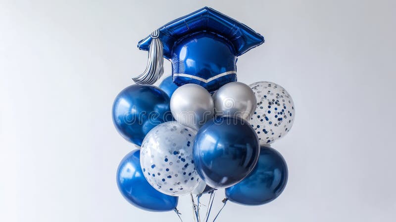 Blue Graduation Cap Balloon Bouquet with Silver and White Balloons ...