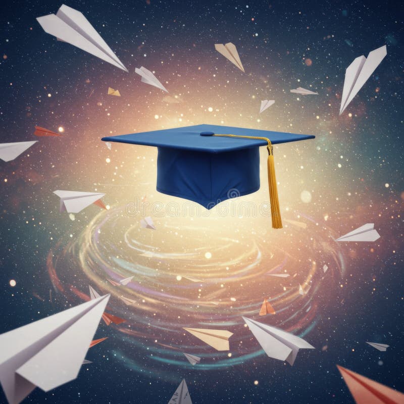 Blue Graduation Cap in Cosmic Space with Paper Airplanes Stock ...