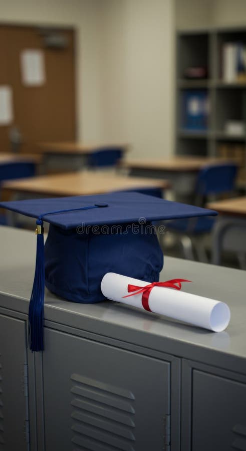 Blue Graduation Cap and Diploma on Lockers Stock Illustration ...