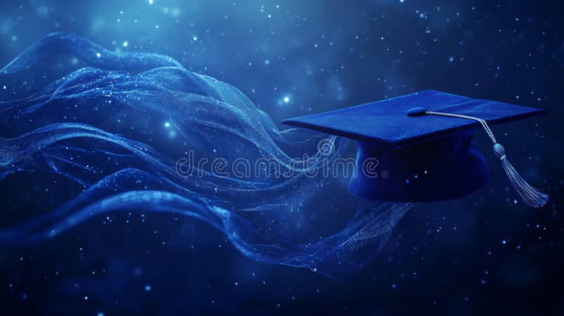 Blue Graduation Cap Floating in Sparkling Stardust Stock Illustration ...