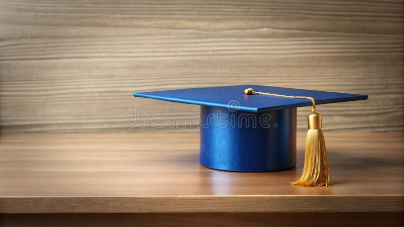 A Blue Graduation Cap with Gold Tassel Rests on a Wooden Surface ...