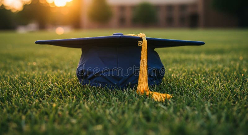 Blue Graduation Cap on Green Grass at Sunset Stock Illustration ...