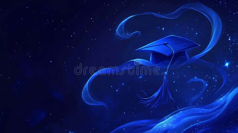 A Blue Graduation Cap Soars through a Starry Night Sky Stock ...