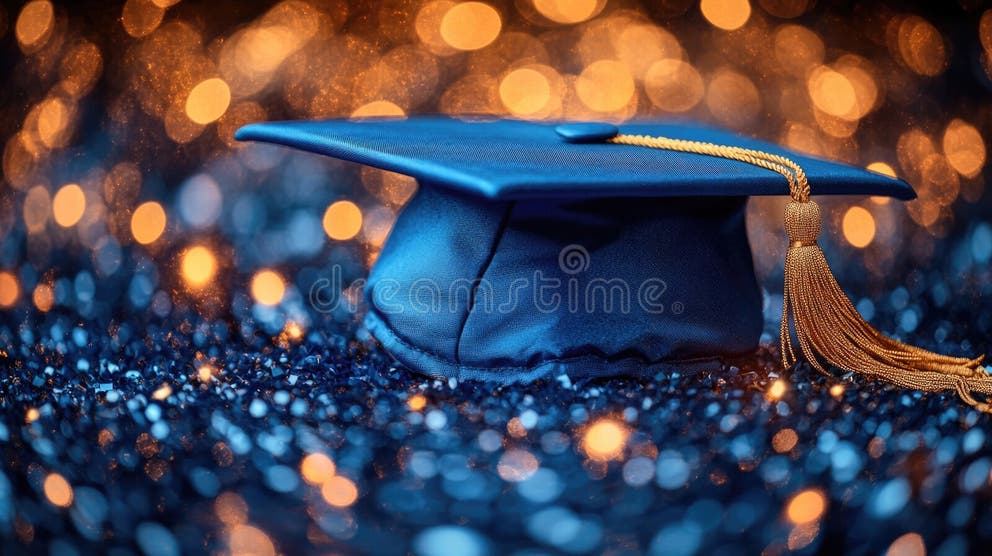 Blue Graduation Cap on Sparkling Surface with Bokeh Lights Stock Photo ...