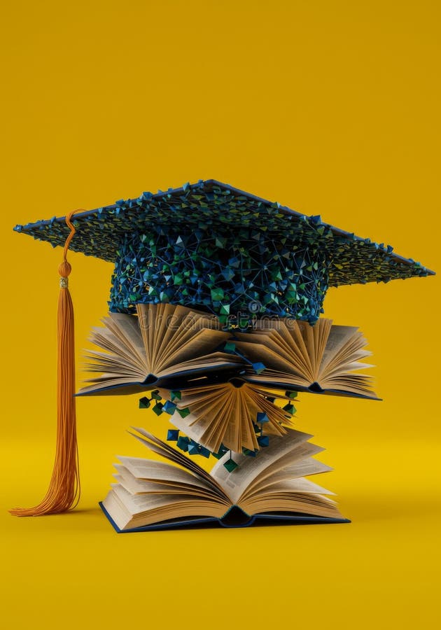Blue Graduation Cap on Stack of Open Books on Yellow Background Stock ...