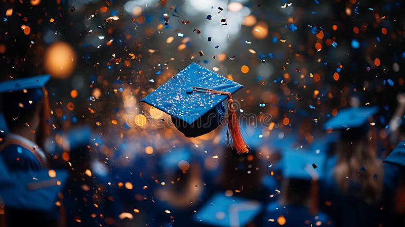 A Blue Graduation Cap Thrown in the Air during a Ceremony, Surrounded ...