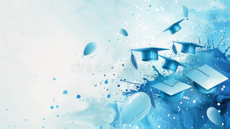 Blue Graduation Explosion with Flying Academic Hats Stock Illustration ...