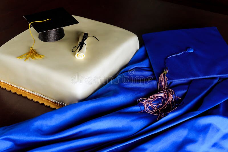 Gown and Graduation Cap with Cake for End of School Stock Image - Image ...