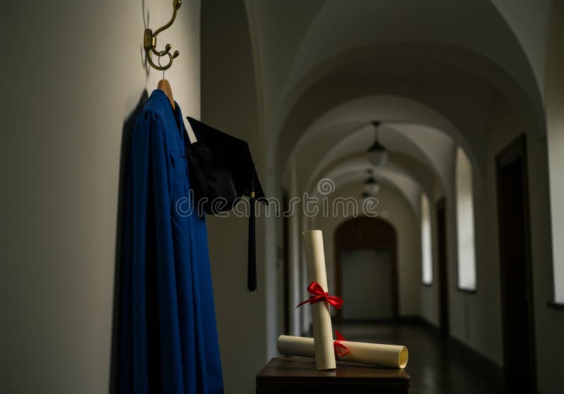 Blue Graduation Gown and Diploma in University Hallway Stock ...