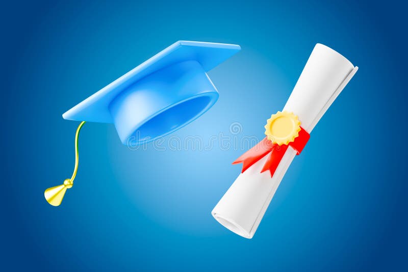 Blue Graduation Hat and Diploma Scroll with Red Ribbon Education Icon ...