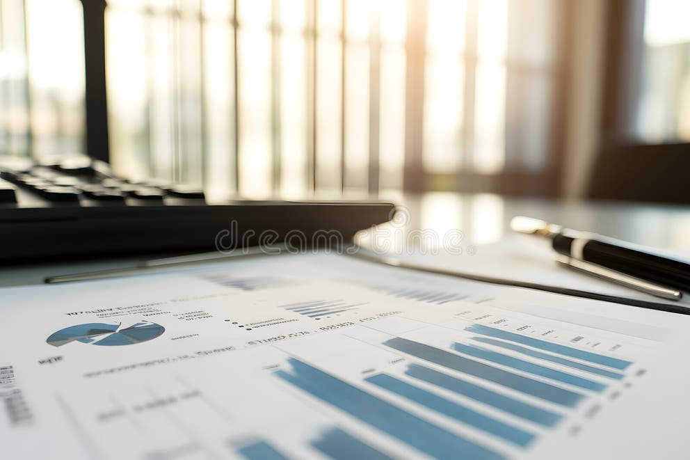 Blue Graphs and Charts. Business Reports and a Stack of Documents on ...