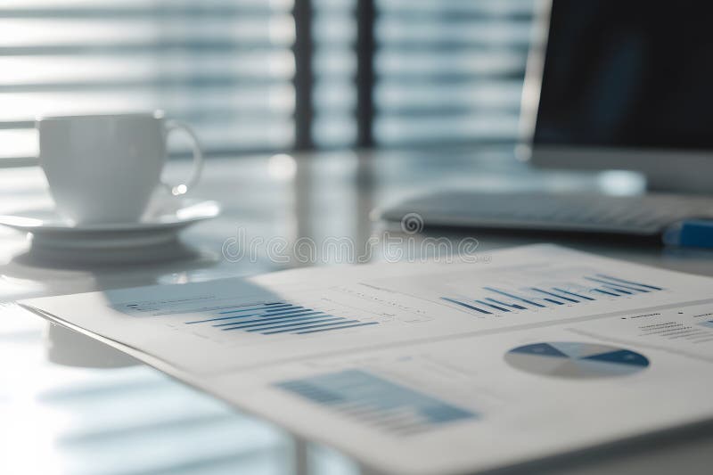 Blue Graphs and Charts. Business Reports and a Stack of Documents on ...