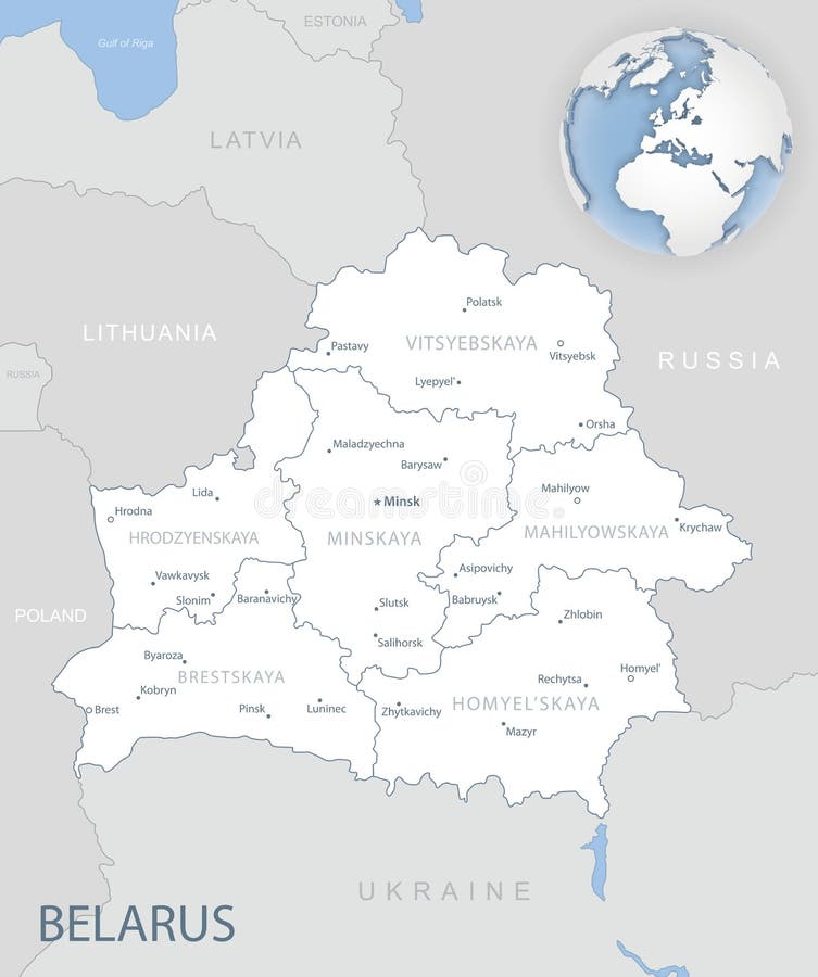 Blue-gray Detailed Map of Belarus and Administrative Divisions and ...