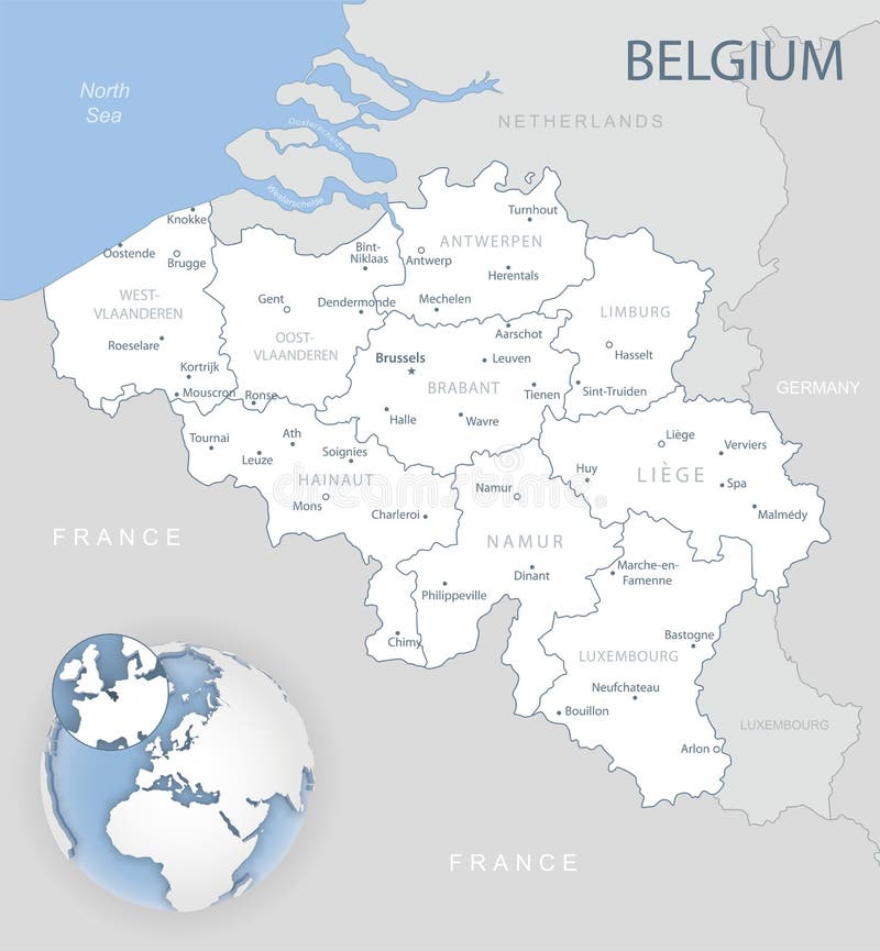 Belgium - Detailed Blue Country Map with Cities, Regions, Location on ...