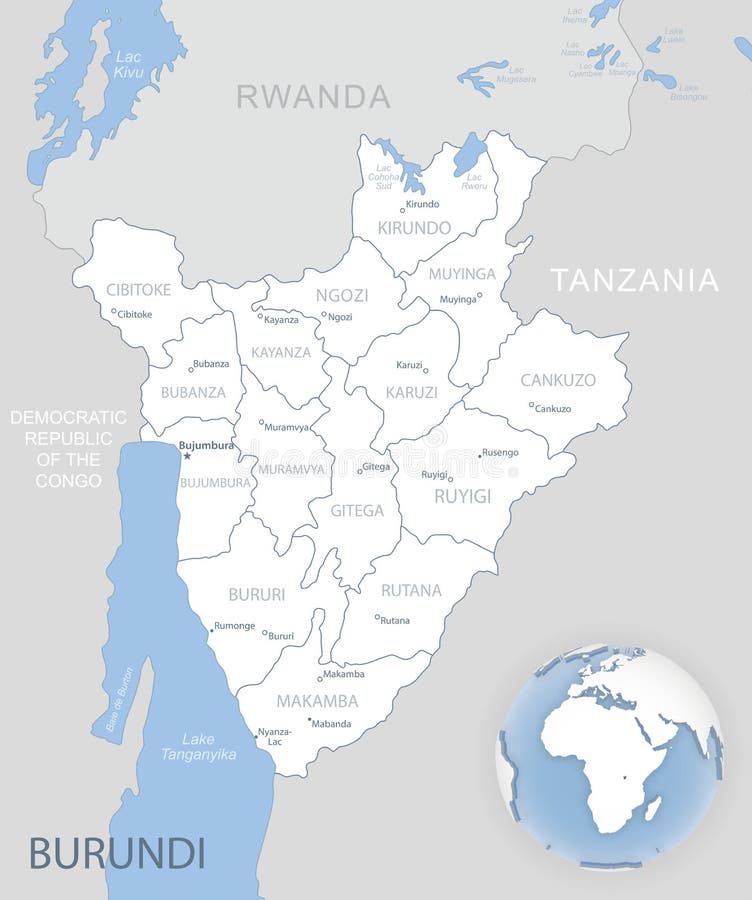 Blue-gray Detailed Map of Burundi Administrative Divisions and Location ...
