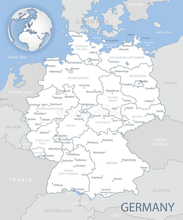 Blue-gray Detailed Map of Germany with Administrative Districts and ...