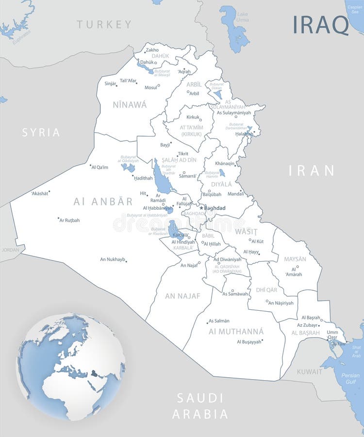 Blue-gray Detailed Map of Iraq Administrative Divisions and Location on ...