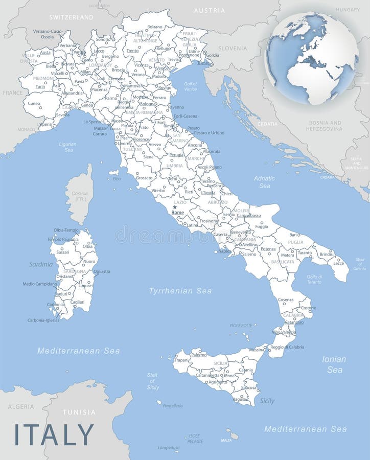 Blue-gray Detailed Map of Italy and Administrative Divisions and ...