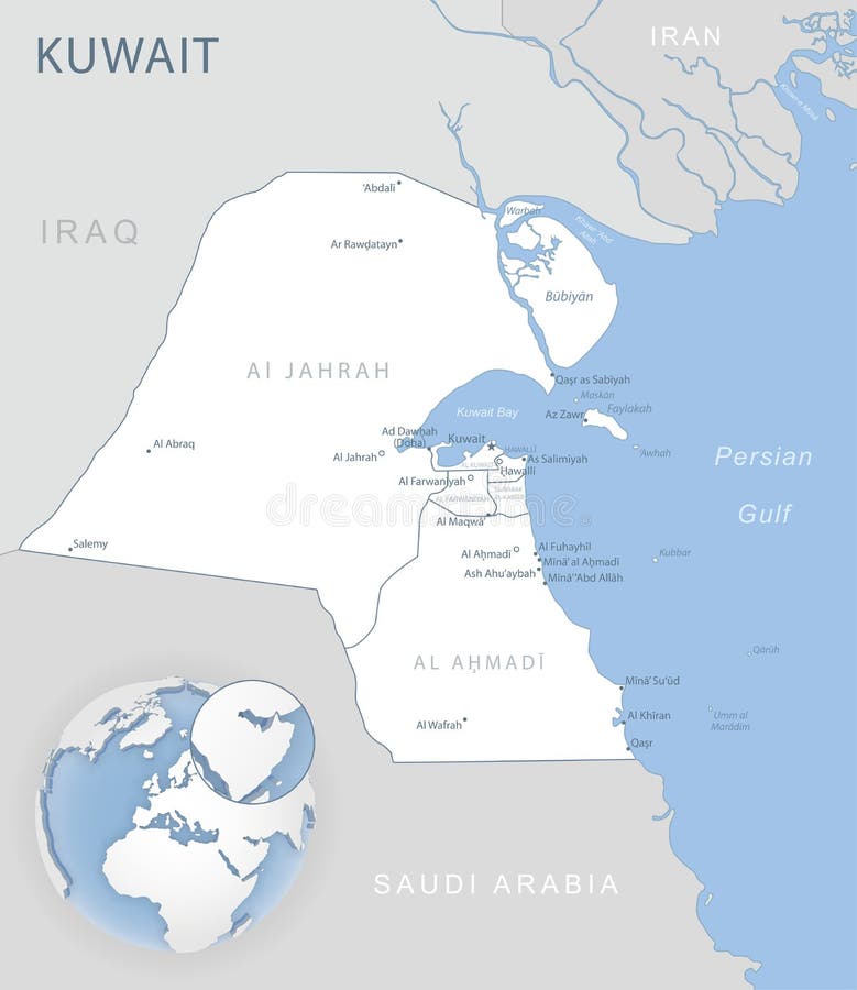 Detailed Kuwait Administrative Map with Country Flag and Location on a ...