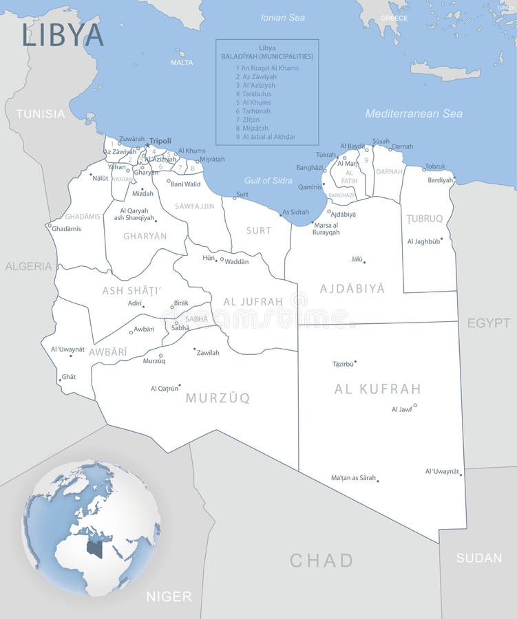 Blue-gray Detailed Map Of Libya Administrative Divisions And Location ...