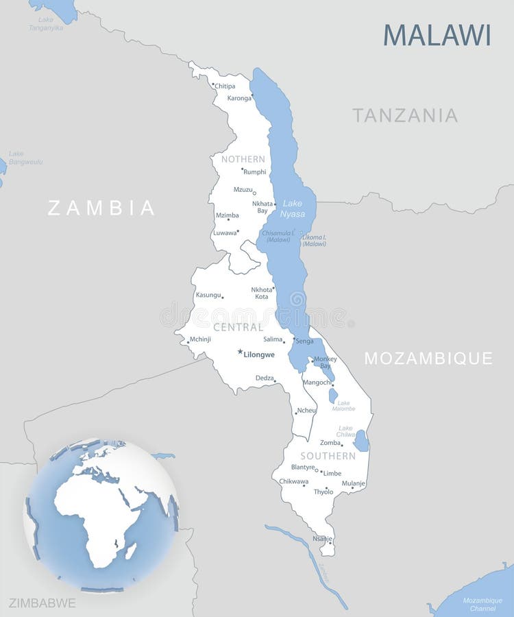 Blue-gray Detailed Map of Malawi Administrative Divisions and Location ...