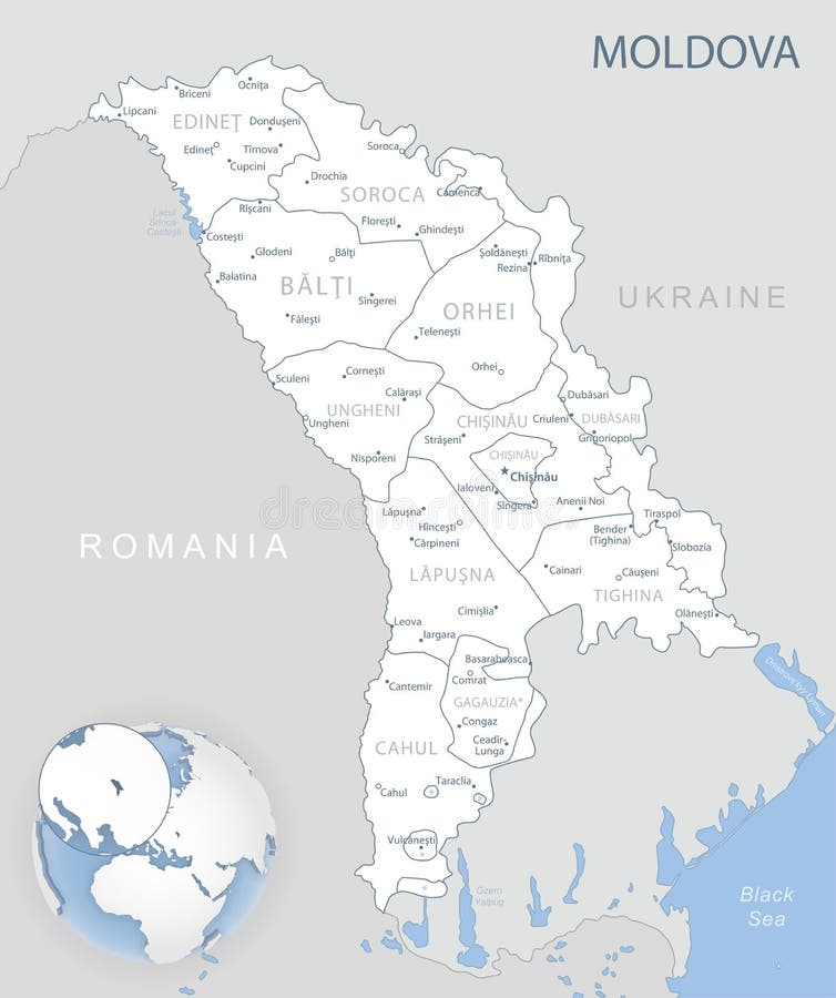 Blue-gray Detailed Map of Moldova Administrative Divisions and Location ...