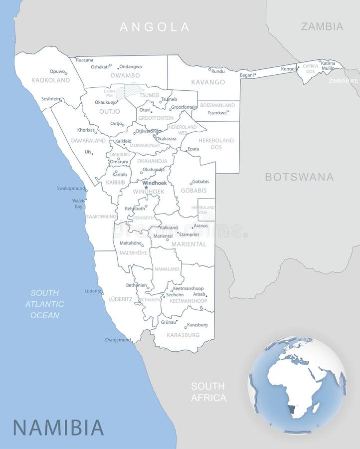 Blue-gray Detailed Map of Namibia Administrative Divisions and Location ...
