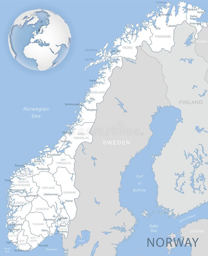 Blue-gray Detailed Map of Norway and Administrative Divisions and ...