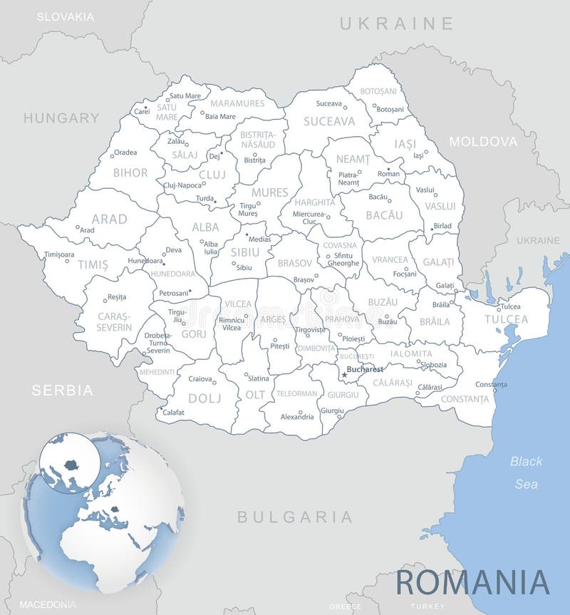Romania - Detailed Blue Country Map with Cities, Regions, Location on ...