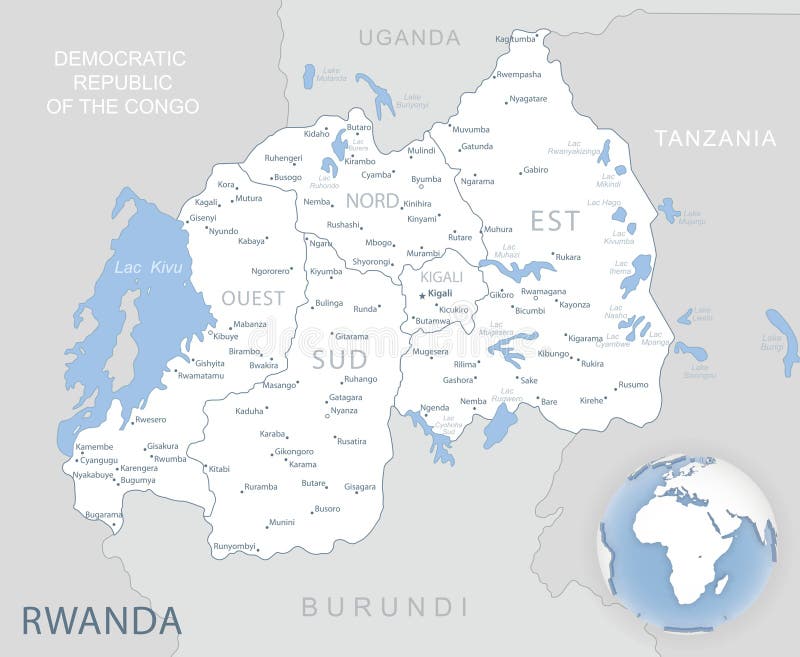 Rwanda - Detailed Country Outline and Location on World Map. Stock ...