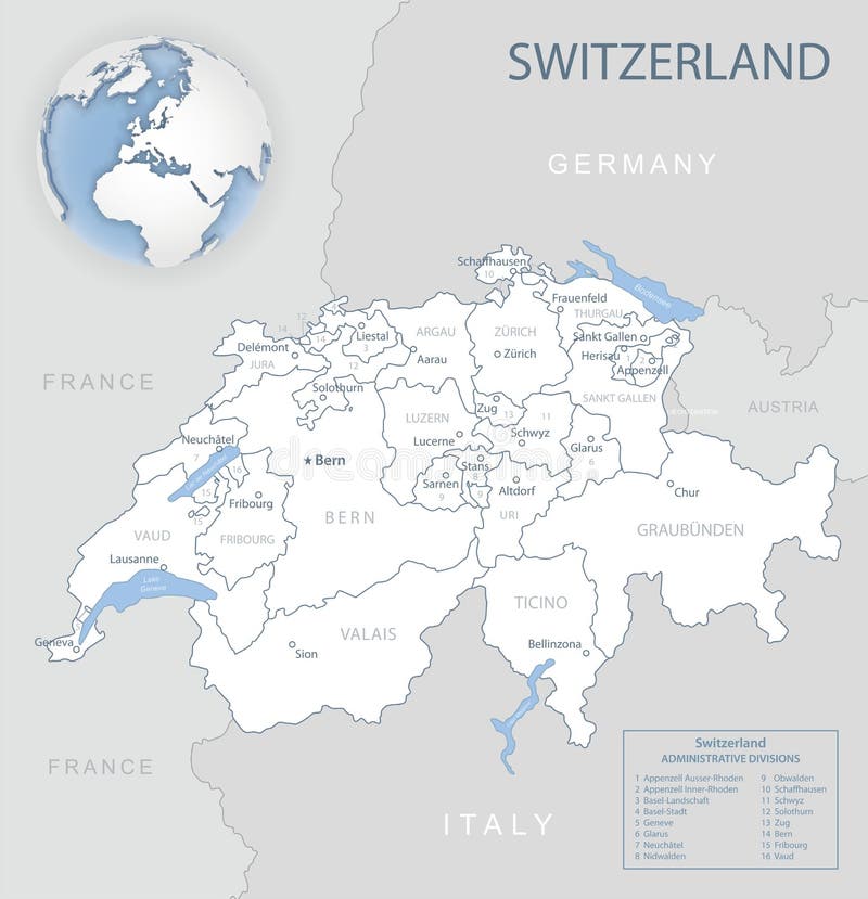 Switzerland - Detailed Country Outline and Location on World Map. Stock ...
