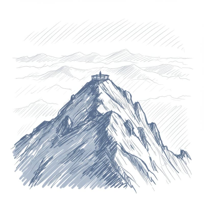 Blue and Gray Mountain Peak Drawing with Structure Stock Illustration ...