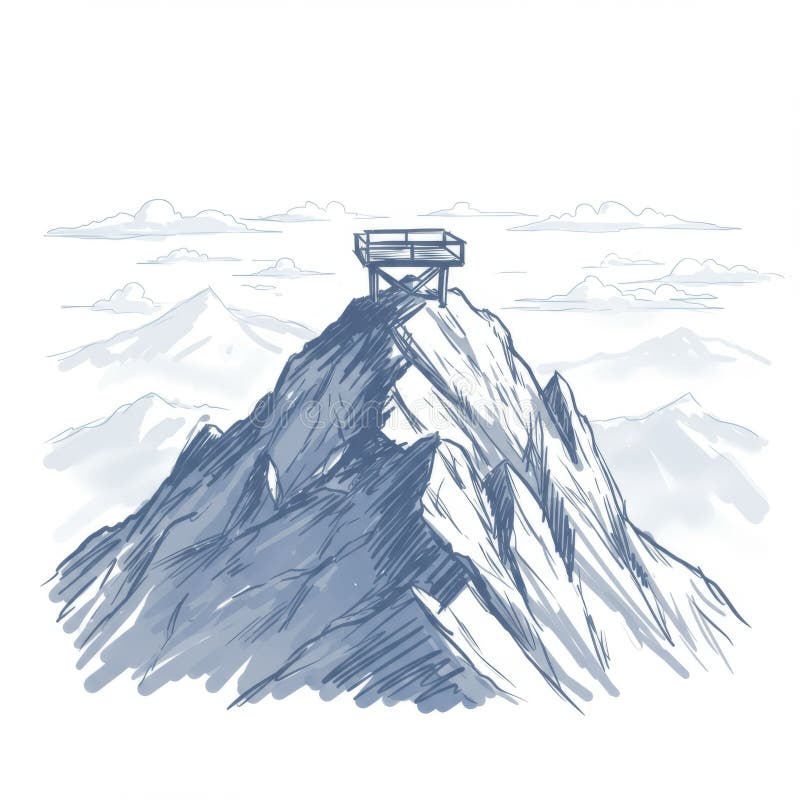 Blue and Gray Mountain Peak Sketch with Observation Deck Stock ...