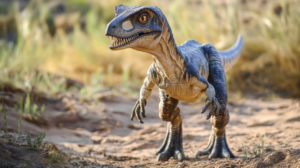 Blue and Gray Raptor Dinosaur in Desert Setting Stock Illustration ...