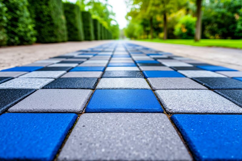 A Blue and Gray Tiled Walkway in the Middle of a Park Stock Image ...