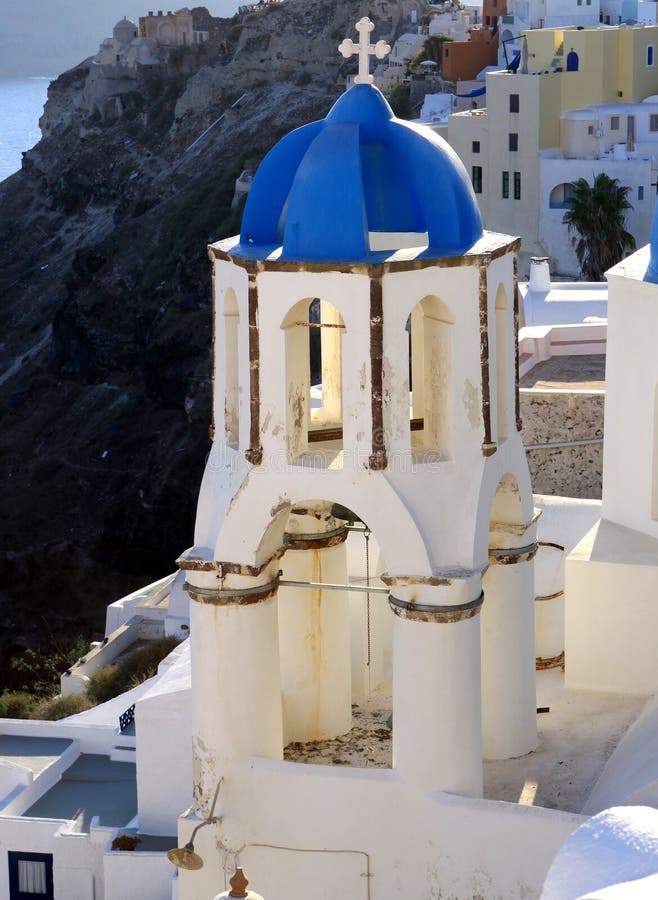 Blue Bell Tower with White Cross in Santorini,Greece Stock Image ...