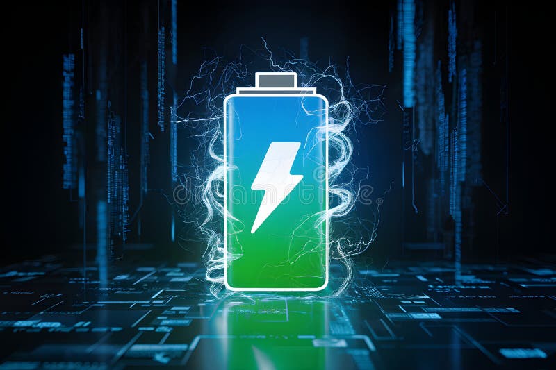 Blue and Green Battery with Digital Codes, Dark Environment, Electrical ...