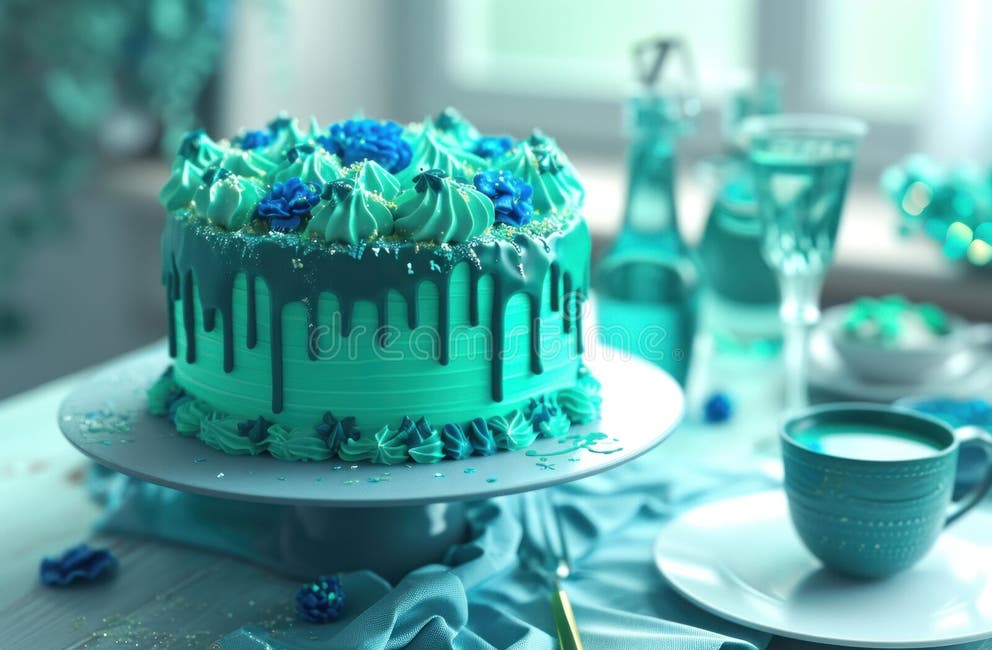Blue and Green Cake with Cake Decoration on a Table Stock Image - Image ...