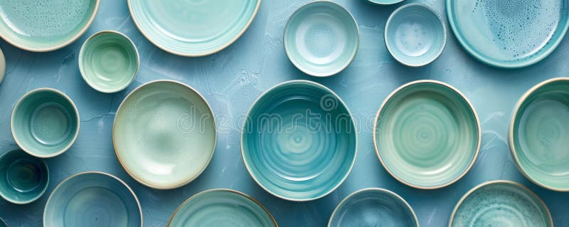 Blue and Green Ceramic Tableware Arranged on Textured Blue Background ...