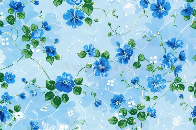 Blue and Green Flowers Create a Playful Pattern on a Light Blue ...
