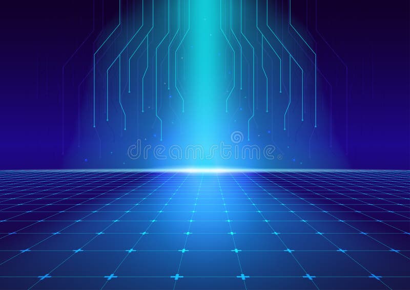 Blue Green Grid Floor and Digital Circuit Retro Future Technology ...