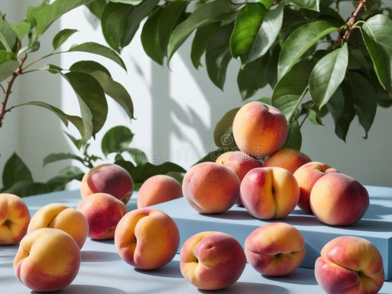 A Blue and Green Image of a Fruitful Collection of Peaches on a Blue ...